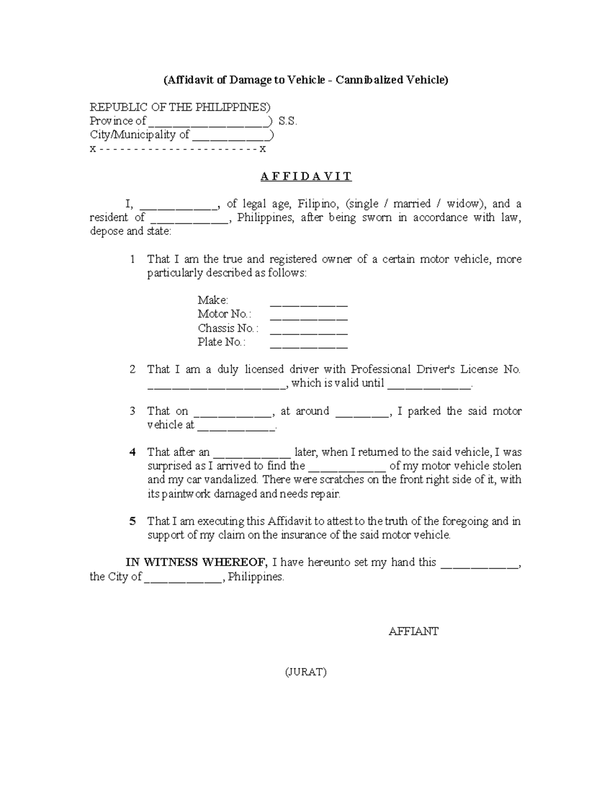 Affidavit of Vehicle Damage for Insurance Claim - Studocu