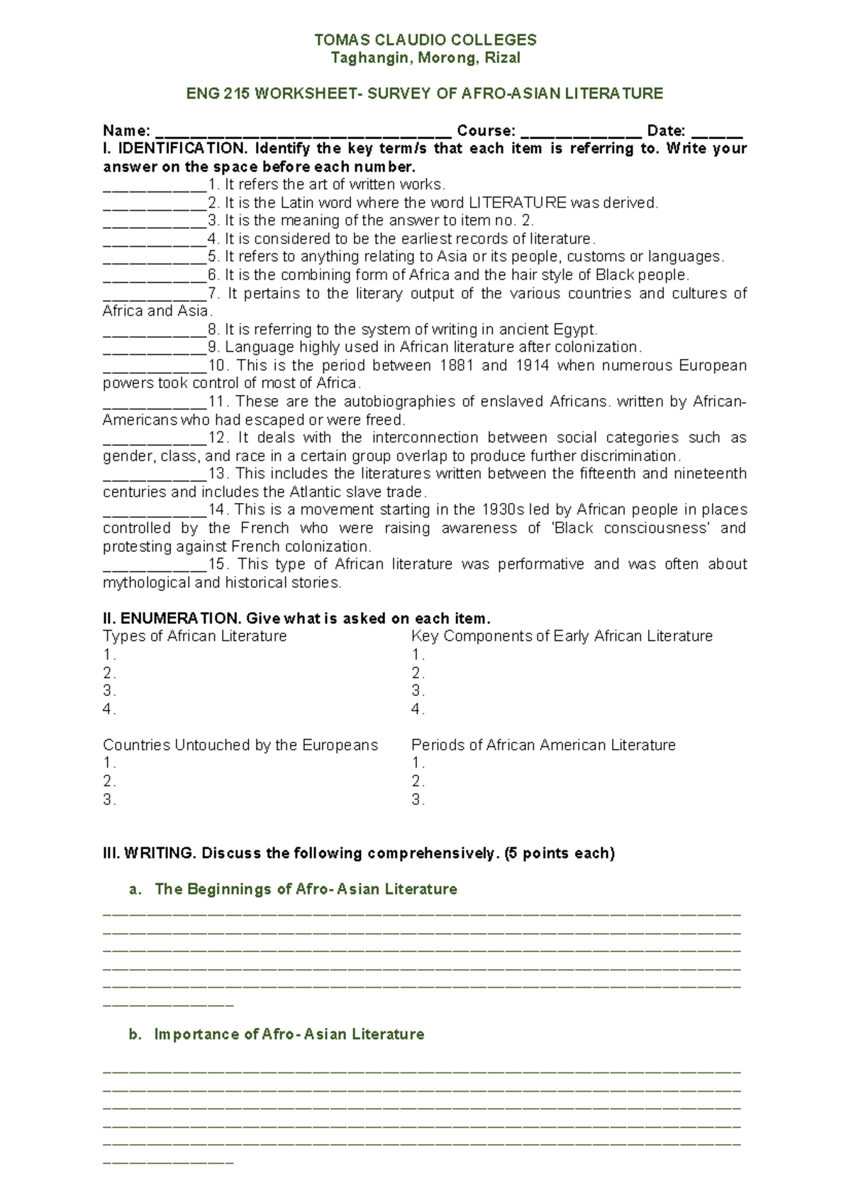 ENG 215 Worksheet: Introduction to Afro-Asian Literature - Studocu