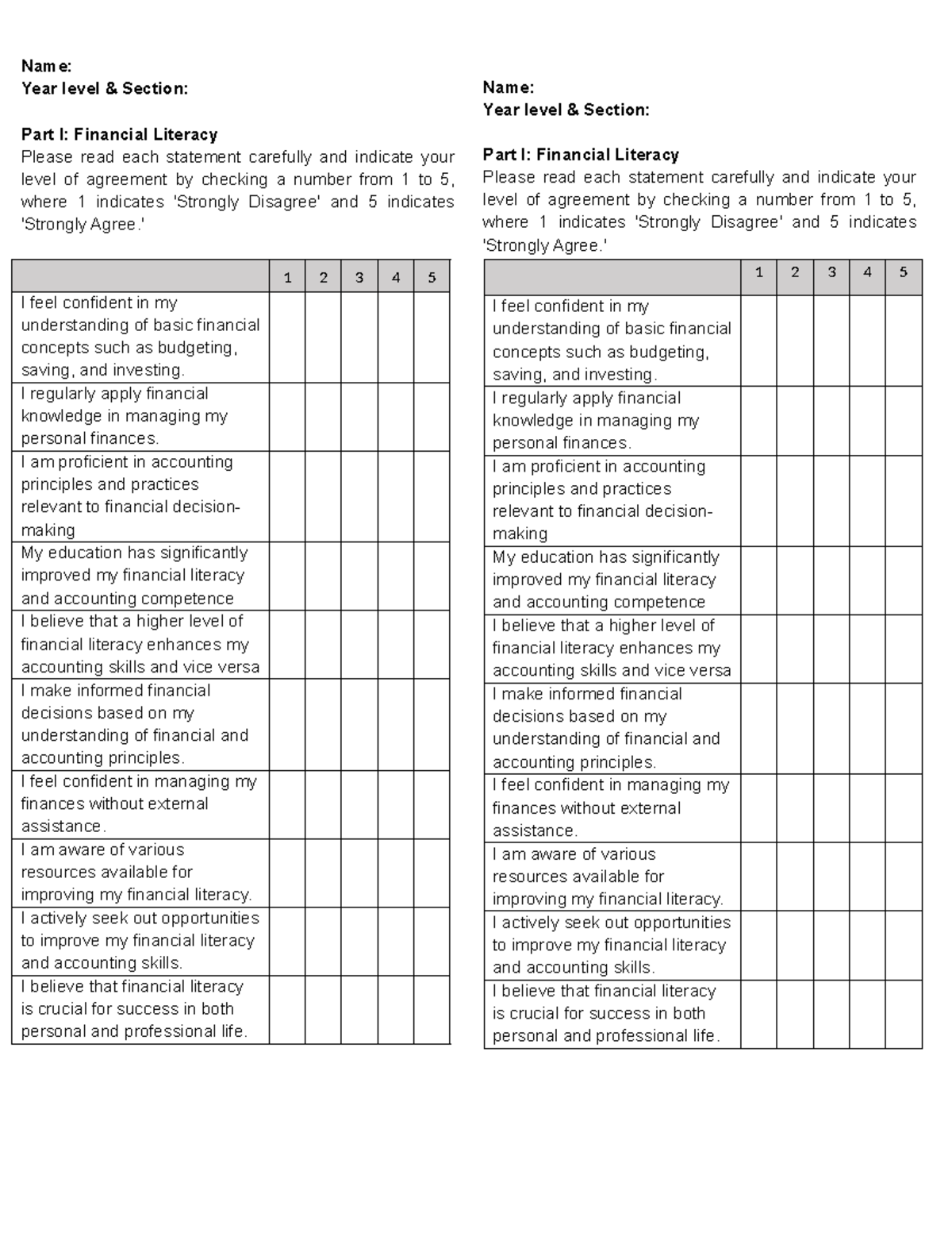 FIN 101 - Financial Literacy Survey Notes and Agreement Scale - Studocu
