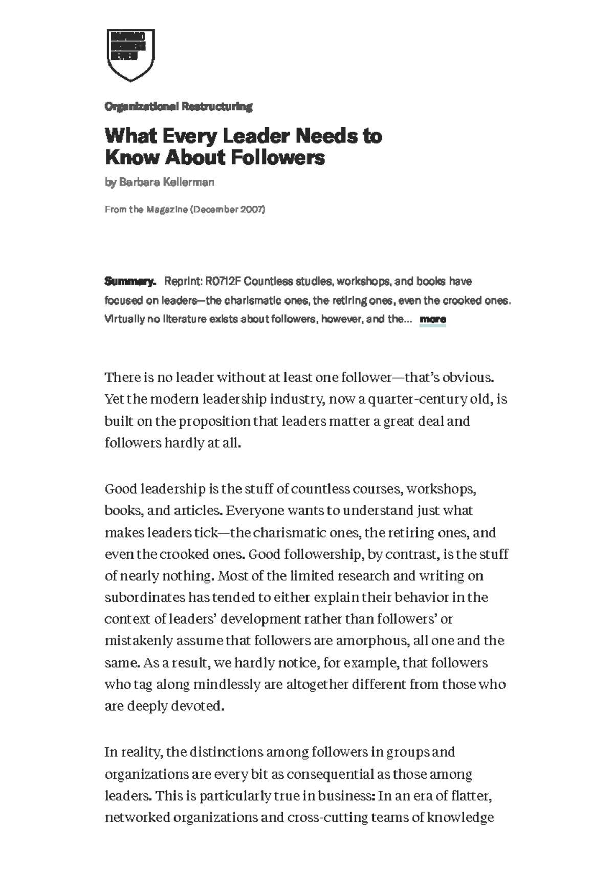 Week 4 - Kellerman, B. - Understanding Followers in Leadership - Studocu