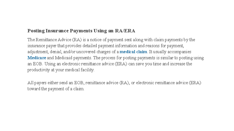 Posting Insurance Payments: Understanding RA and ERA Processes ...