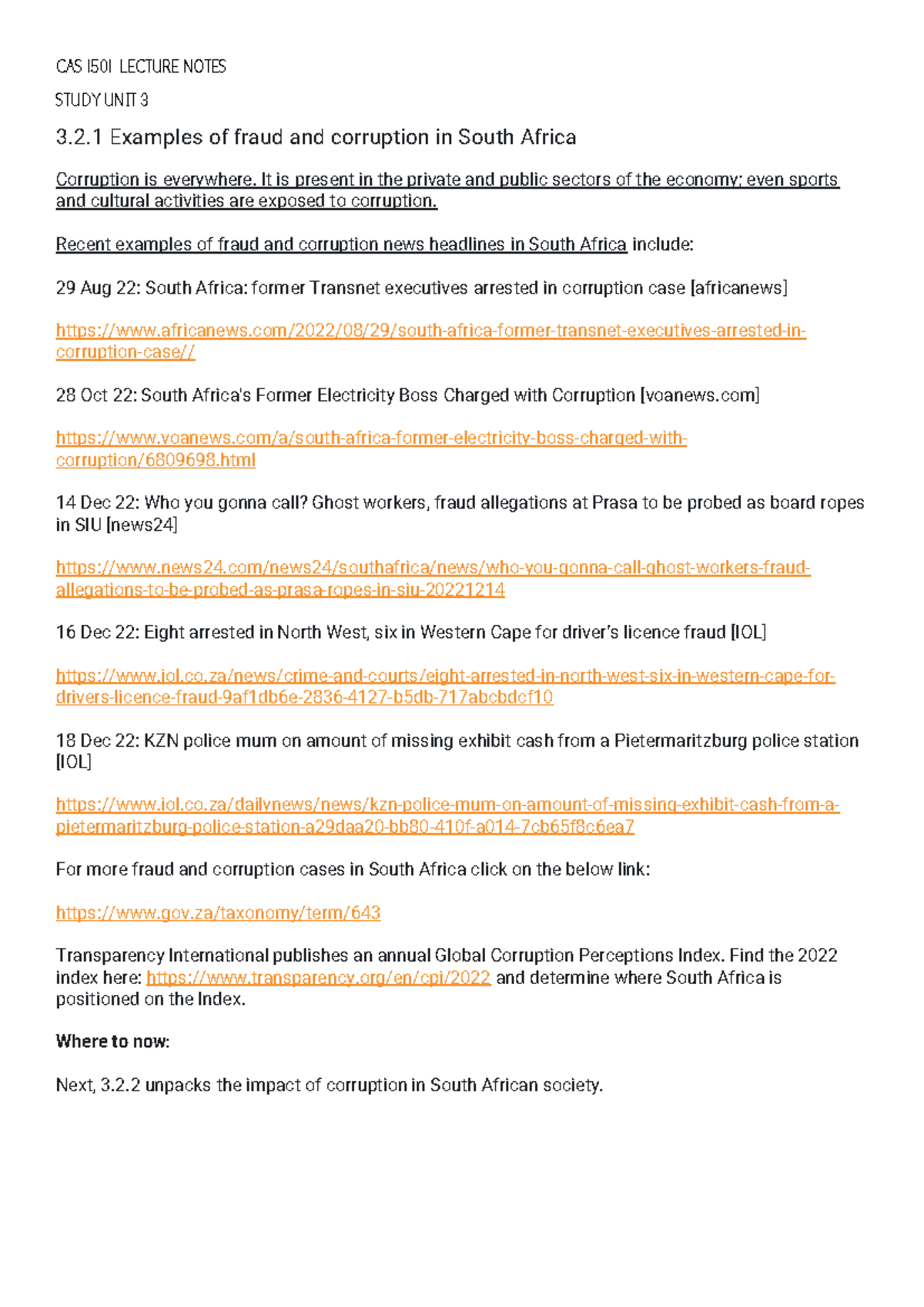 CAS 1501 LECTURE NOTES - Unit 3: Corruption and Fraud Examples in SA ...