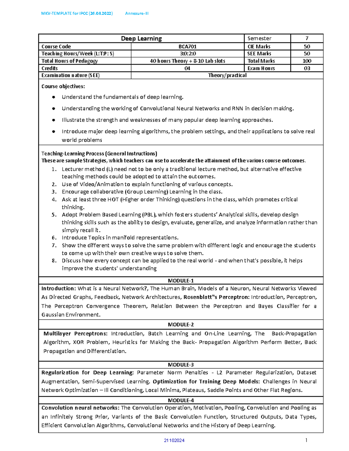 BCA701 Deep Learning Course Syllabus & Assessment Details - Studocu