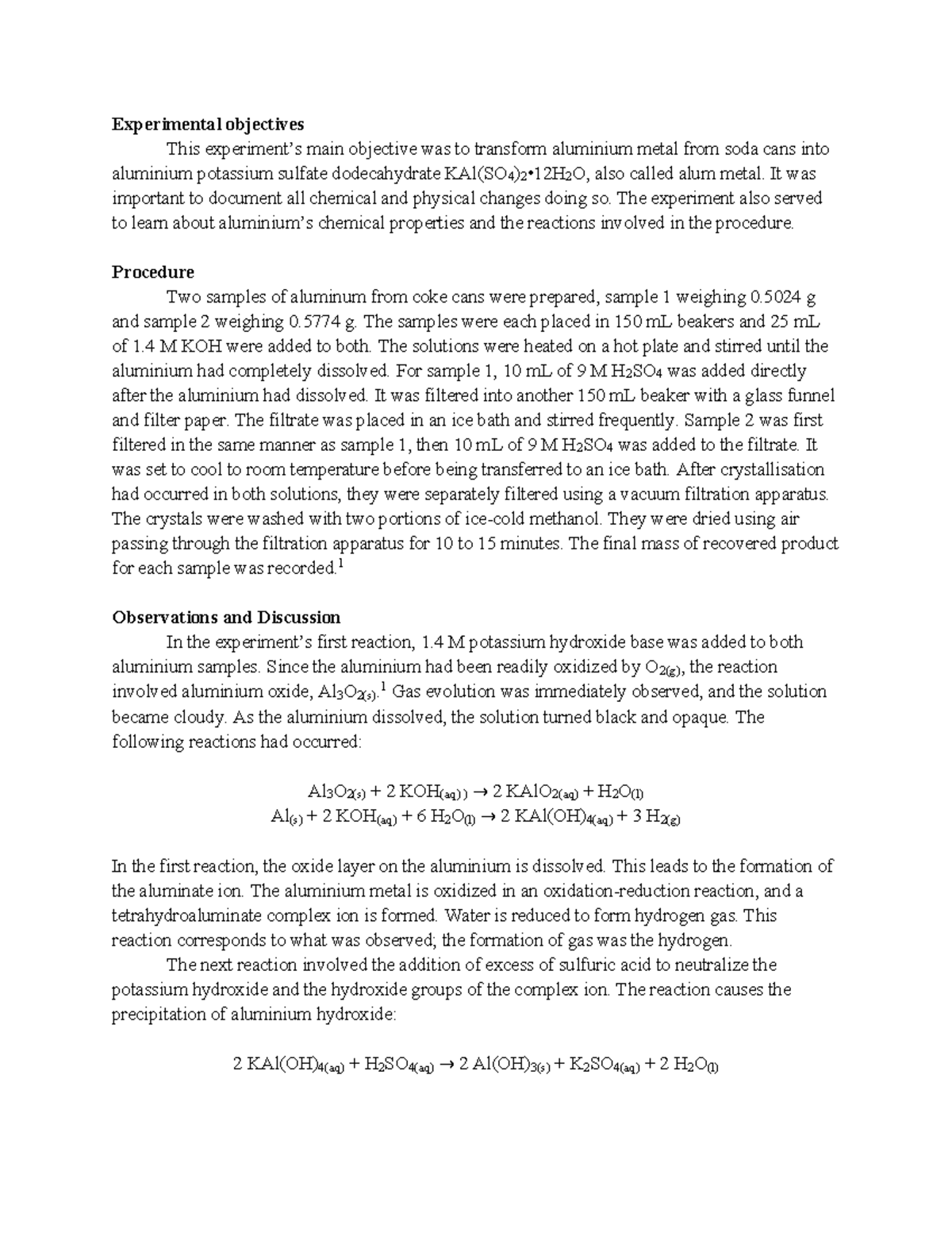 CHM 2353 Lab 2 - Synthesis of Alum from Aluminum Cans and Yield ...