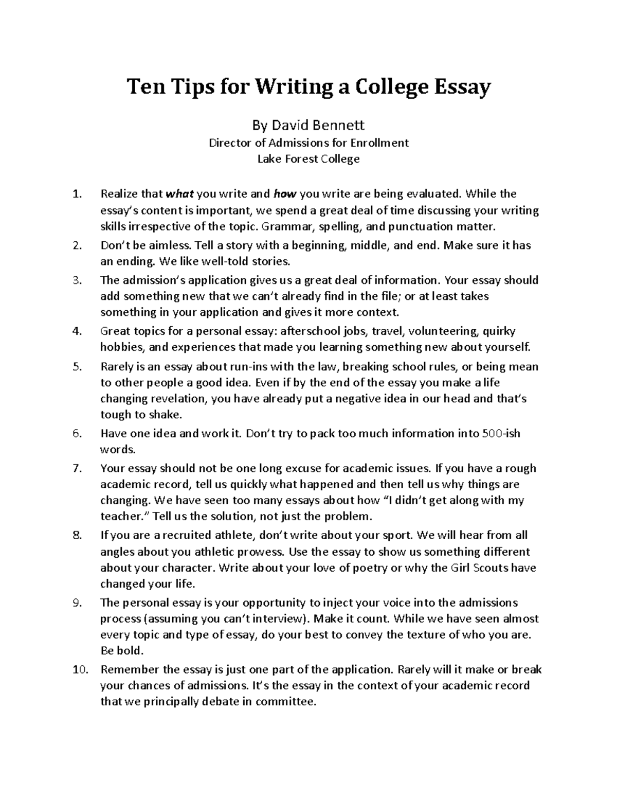 Essay Writing Tips - Ten Tips for Writing a College Essay By David ...