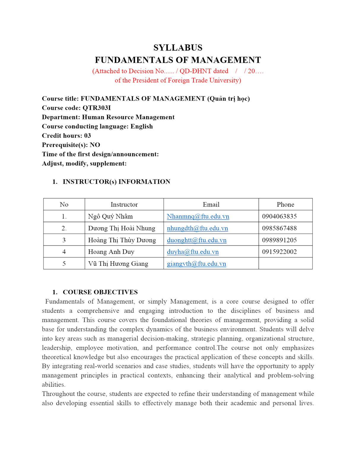 SYLLABUS QTR303I: FUNDAMENTALS OF MANAGEMENT Course Overview - Studocu