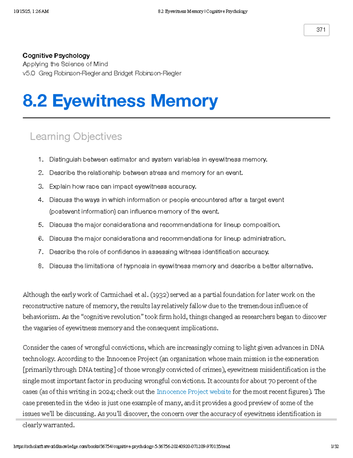 Cognitive Psychology 371: Eyewitness Memory Analysis and Implications ...
