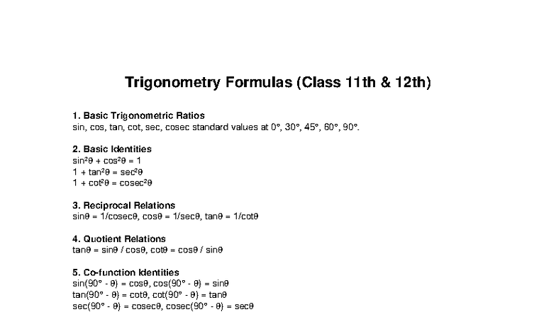 Trigonometry Formulas for Class 11 & 12: Comprehensive Guide - Studocu