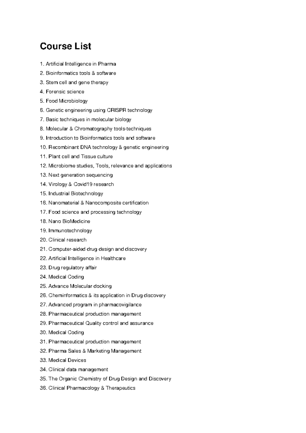 Course List: Key Topics in Pharma & Bioinformatics Studies - Studocu
