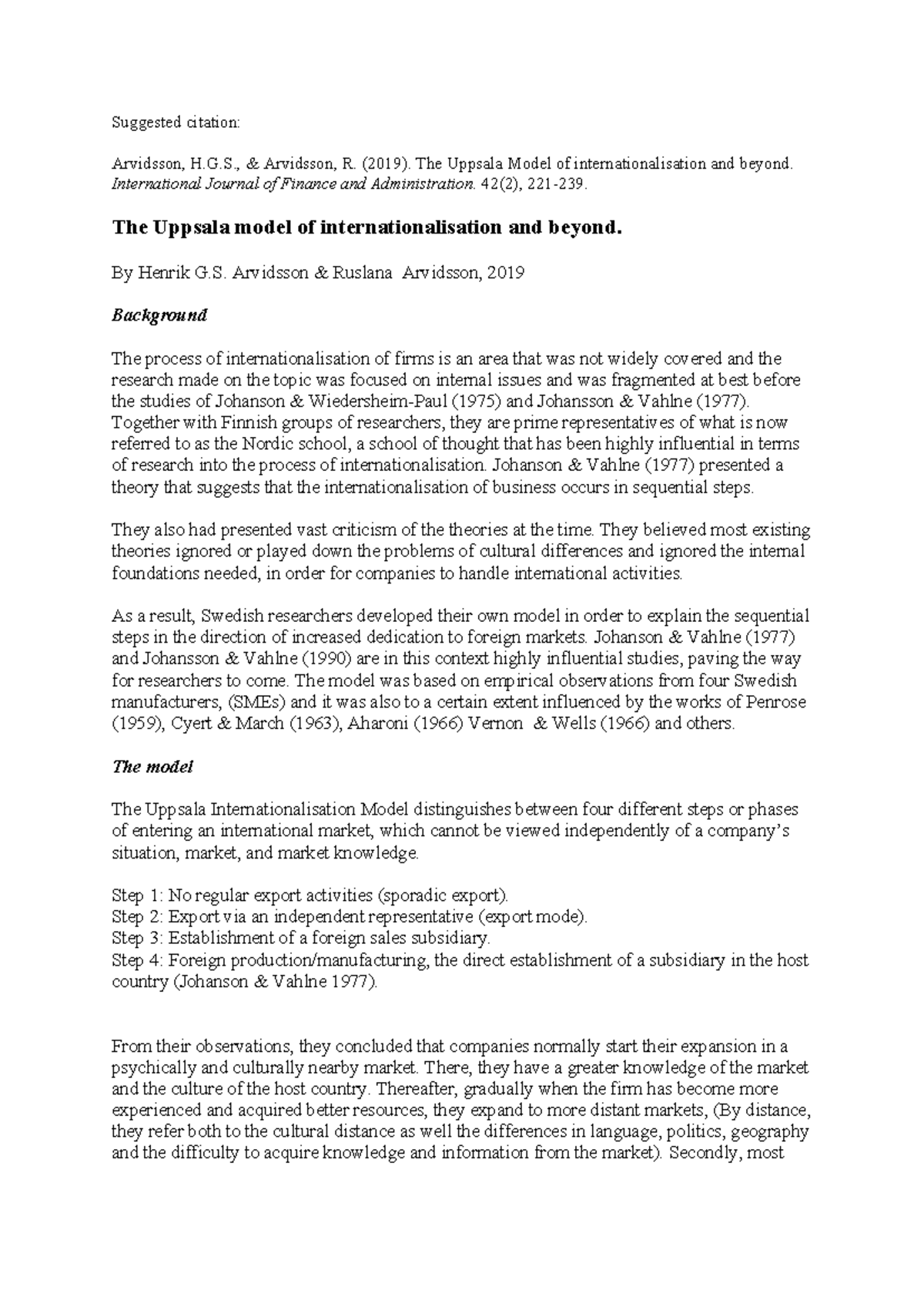 The Uppsala Model of Internationalisation: Insights and Developments ...