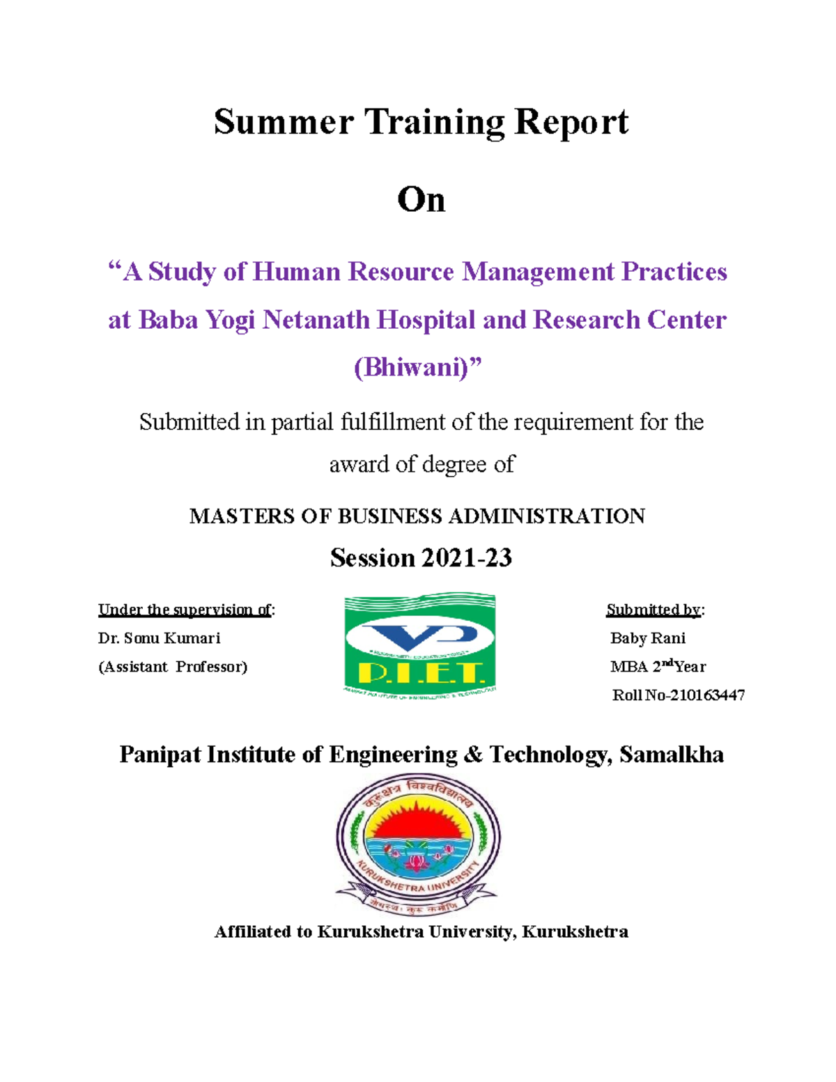 MBA Summer Training Report: HRM Practices at Baba Yogi Hospital - Studocu