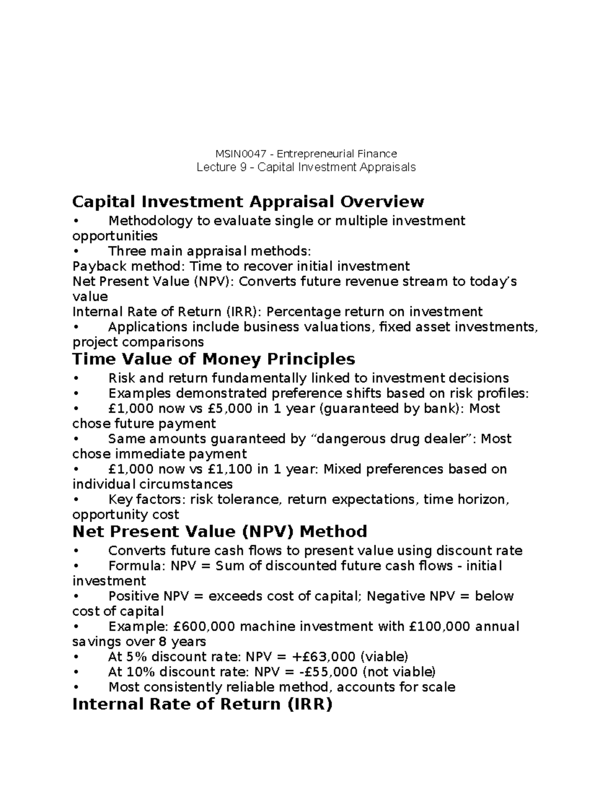 MSIN0047 Entrepreneurial Finance Lecture 9: Capital Investment ...