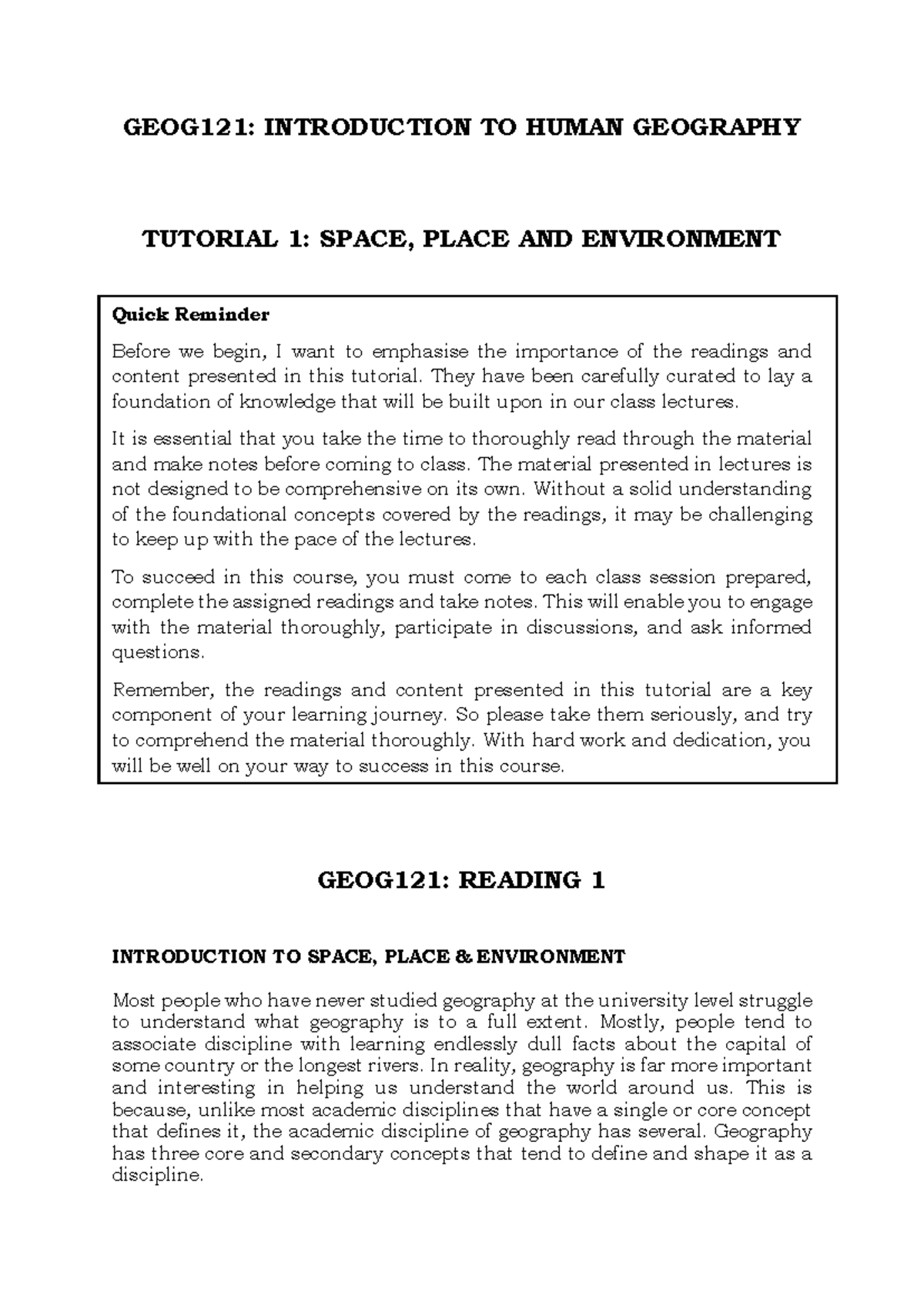 GEOG121: Human Geography Tutorial 1 - Space, Place & Environment - Studocu