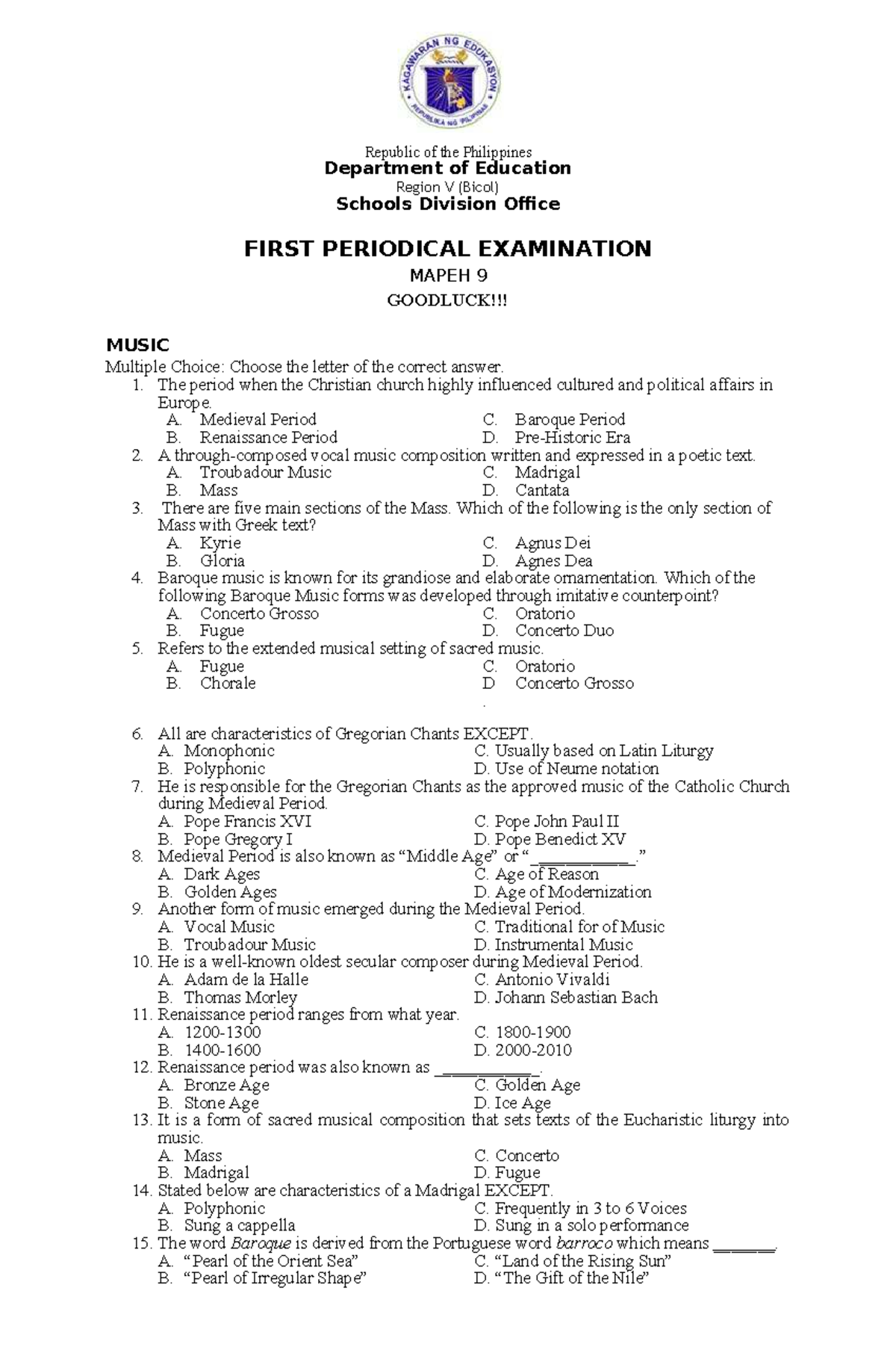 MAPEH 9 First Periodical Exam Review: Music, Arts, and Health - Studocu