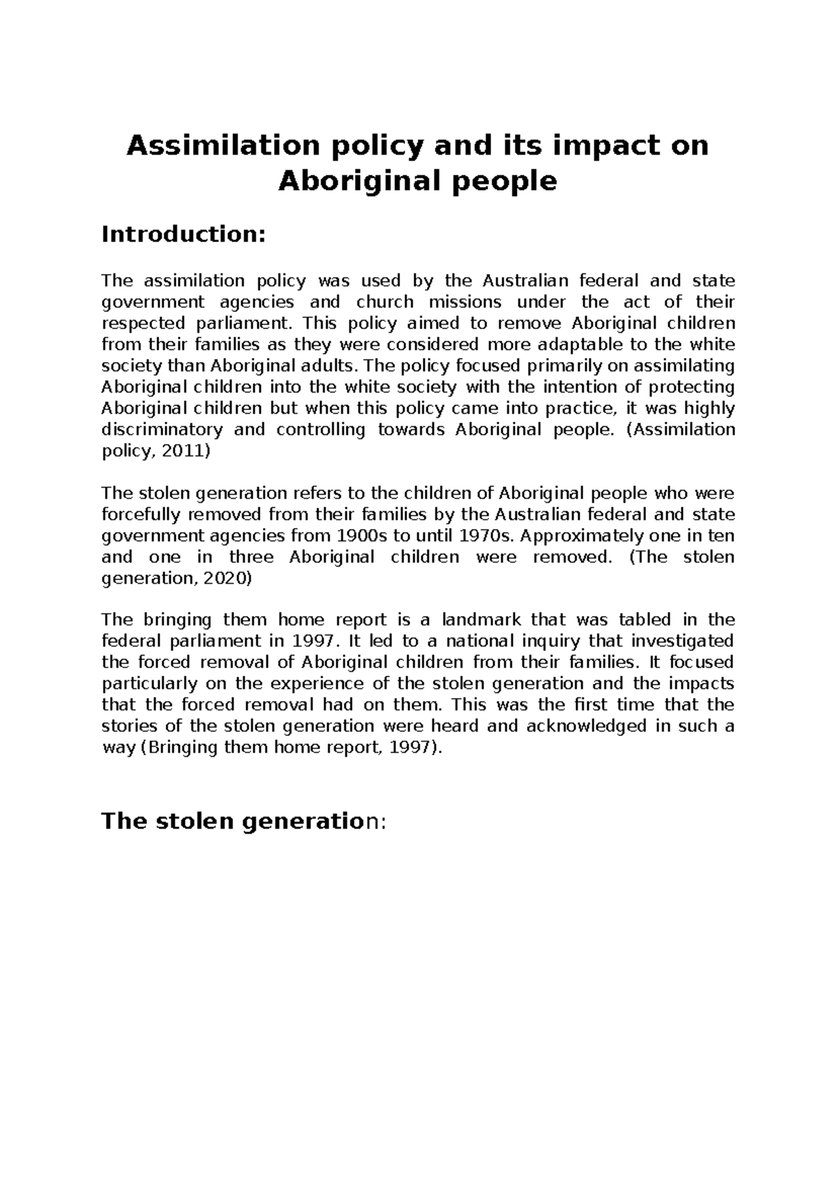Modern History A+ Essay: The Impact of Assimilation Policy on the ...