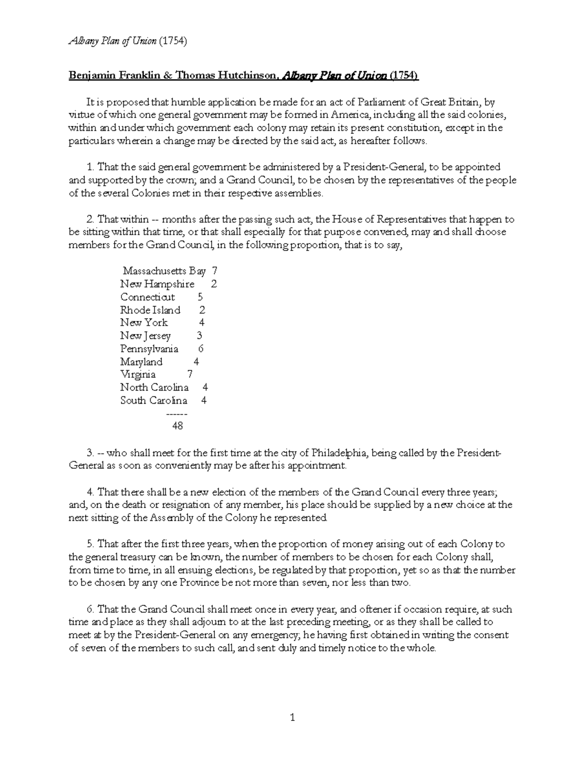 Albany Plan of Union (1754): Proposals & Governance Structure - Studocu