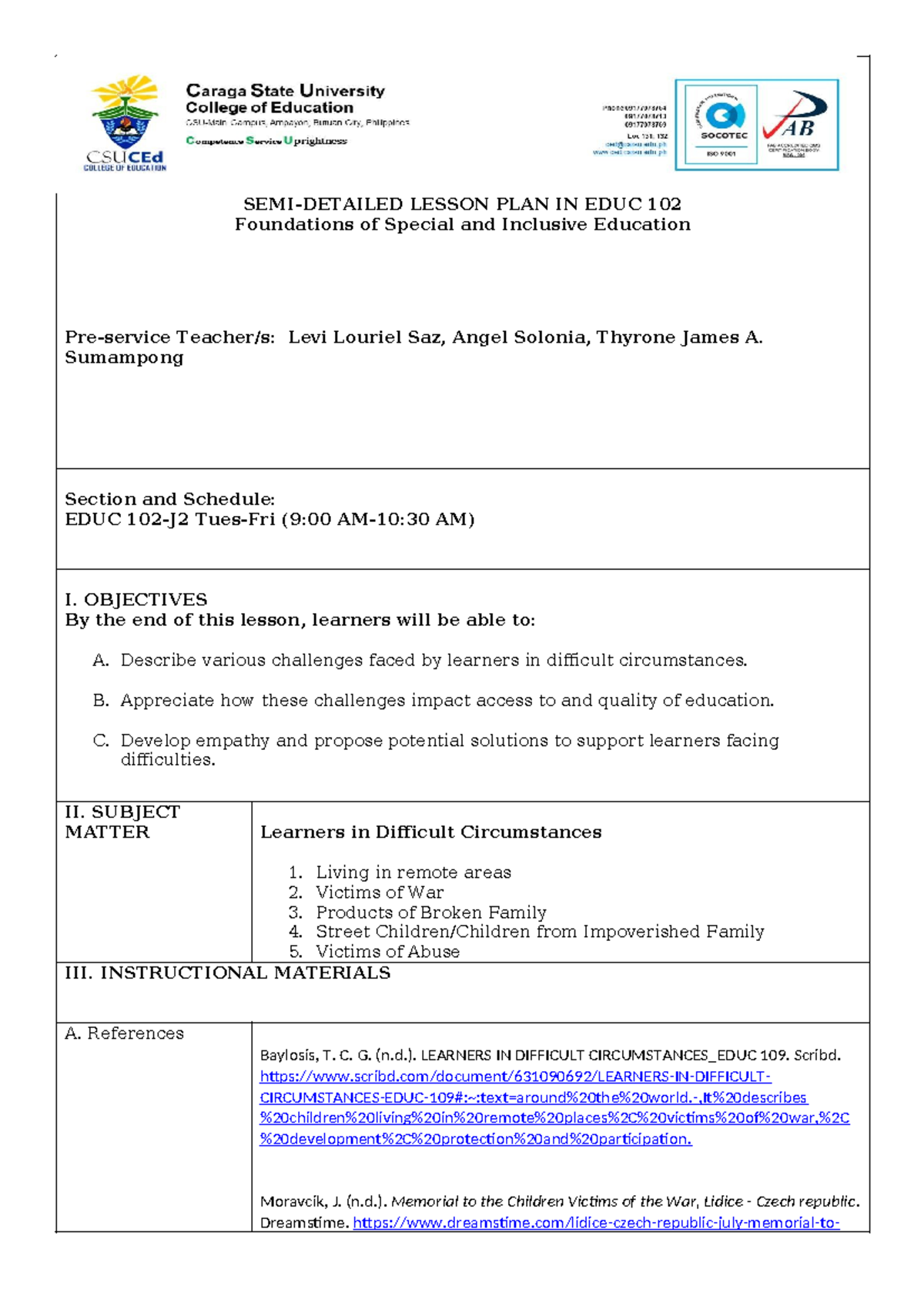 Lesson Plan: EDUC 102 - Foundations of Special & Inclusive Education ...