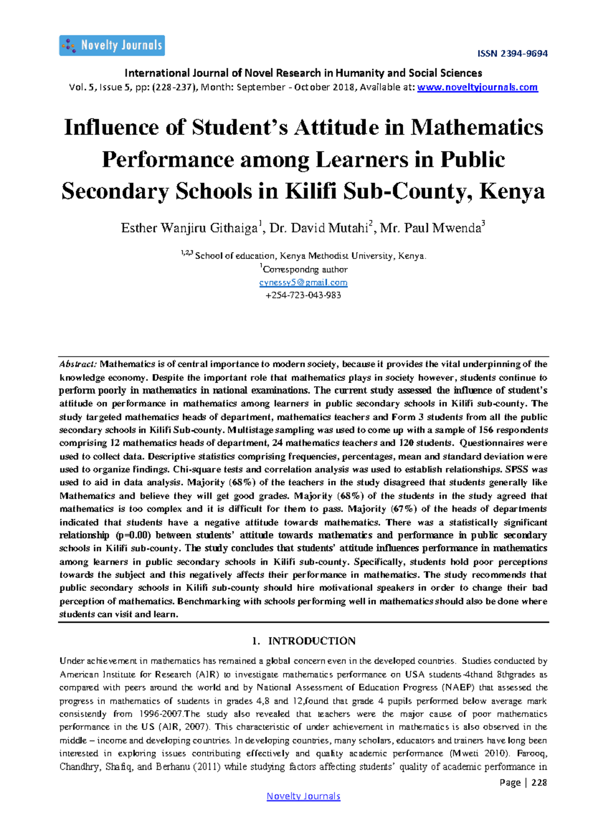 Influence of Student Attitude on Mathematics Performance in 1513 ...