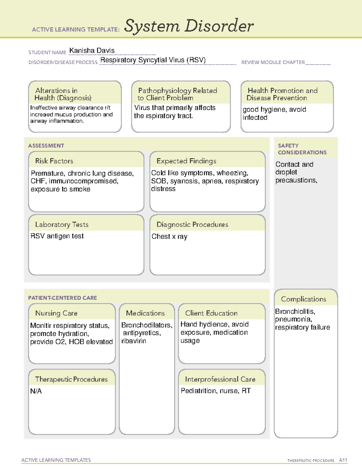 Active Learning Template: Respiratory Syncytial Virus Disorder - Studocu