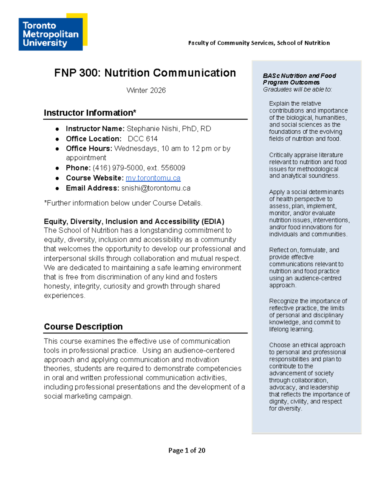 FNP 300 Winter 2026: Nutrition Communication Course Outline - Studocu