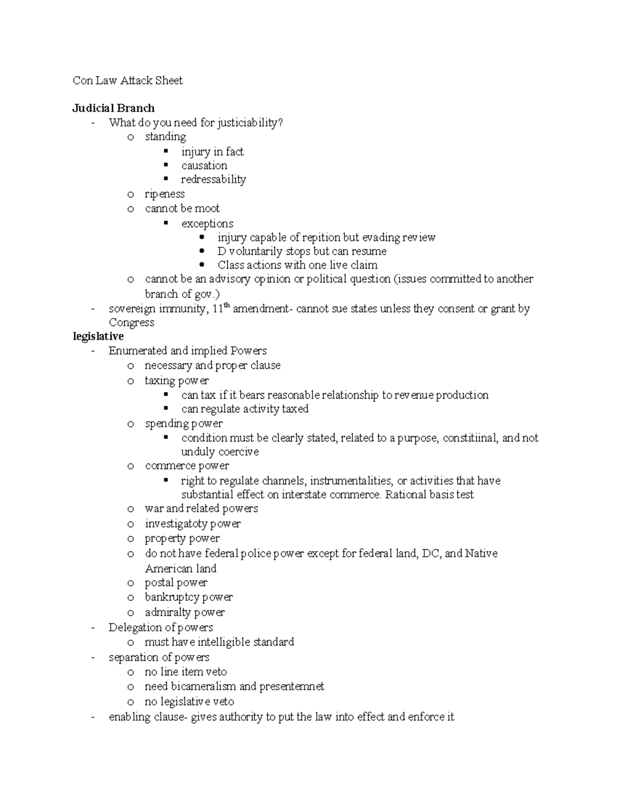 Con Law Attack Sheet - UBE Prep: Justiciability & Powers Overview - Studocu