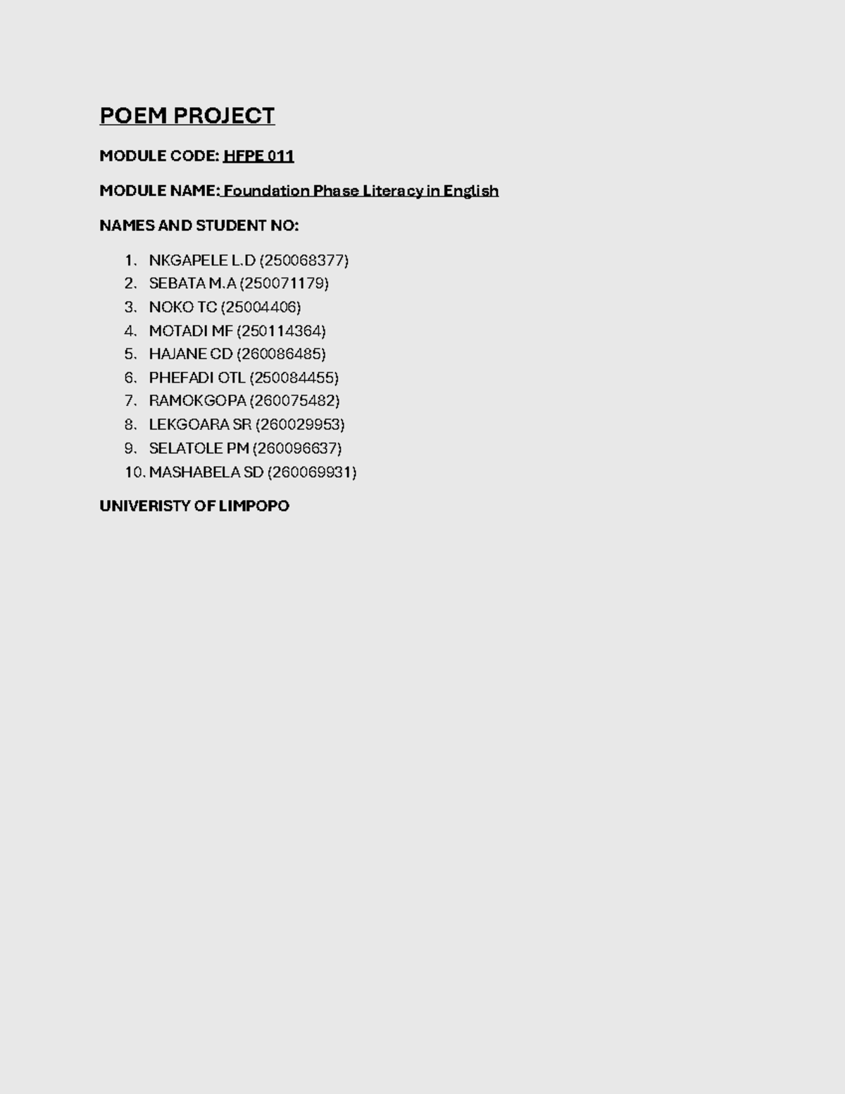 HFPE 011 Poem Project: Foundation Phase Literacy in English - Studocu