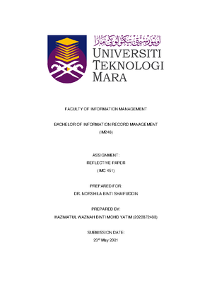 Reflective Writing MGT400 - Introduction of Management - UiTM - Studocu