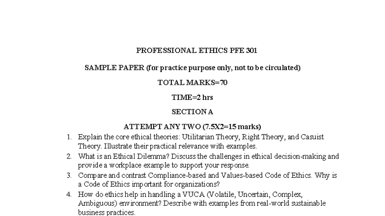 Sample Paper on Professional Ethics PFE 301: Key Theories & Case Study ...