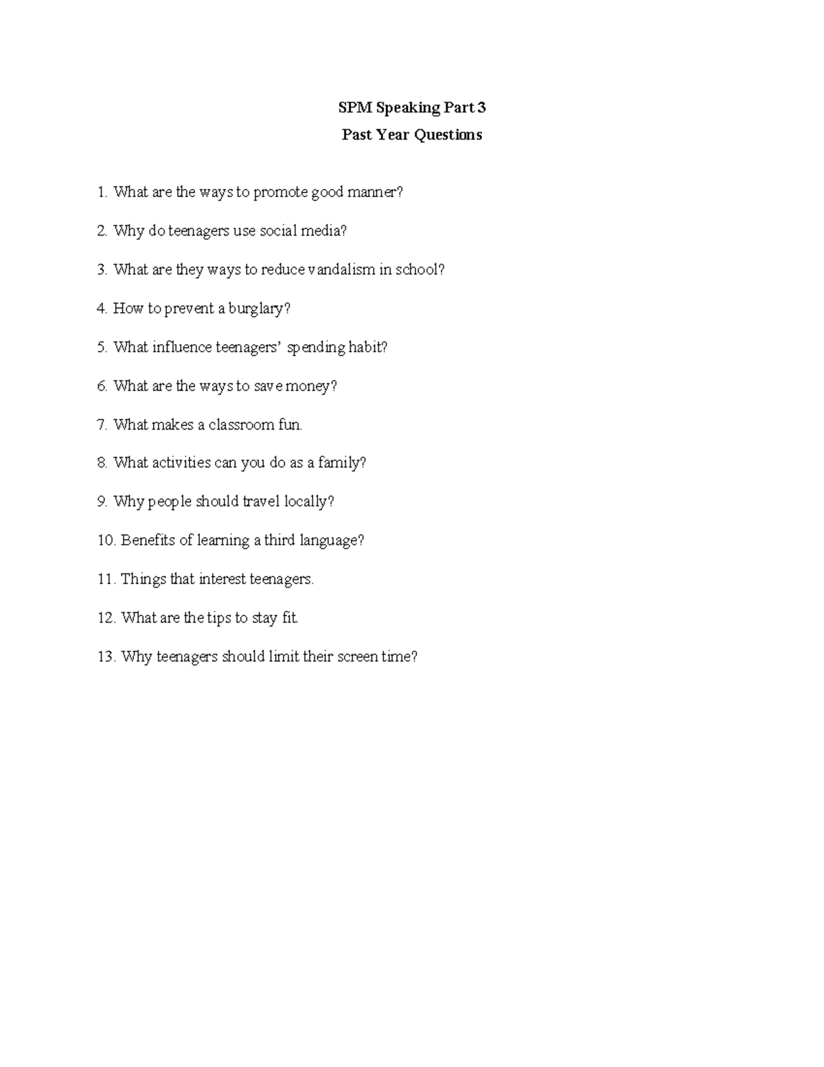 SPM Speaking Part 3 - Form 4 Past Year Questions Review - Studocu