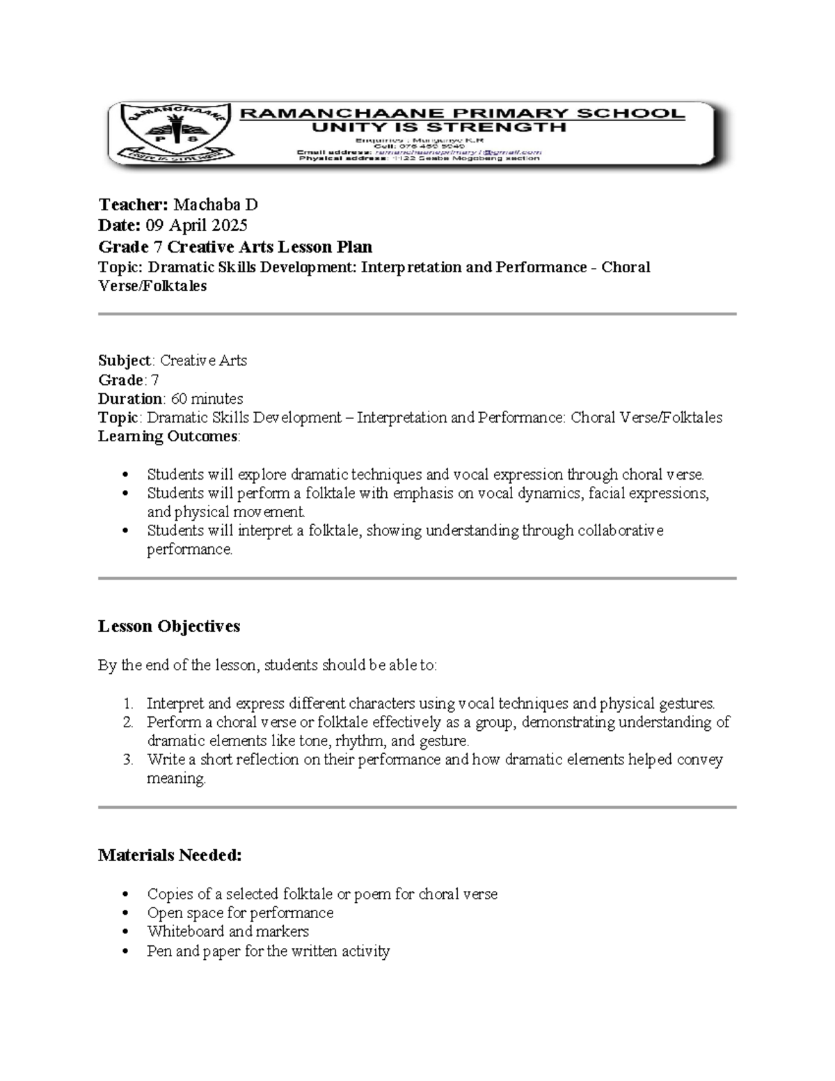 Grade 7 Creative Arts Lesson Plan: Choral Verse Performance Activities ...