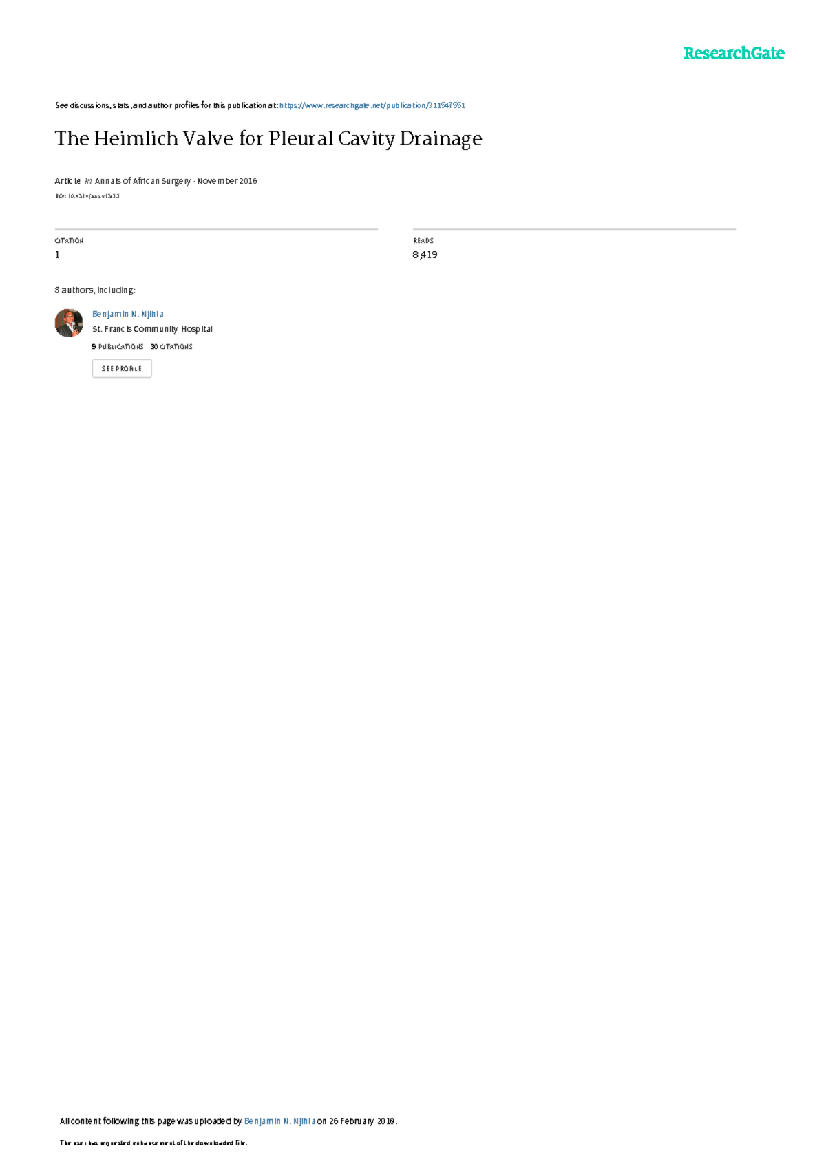 Heimlich Valve Use in Pleural Drainage: A Retrospective Study - Studocu