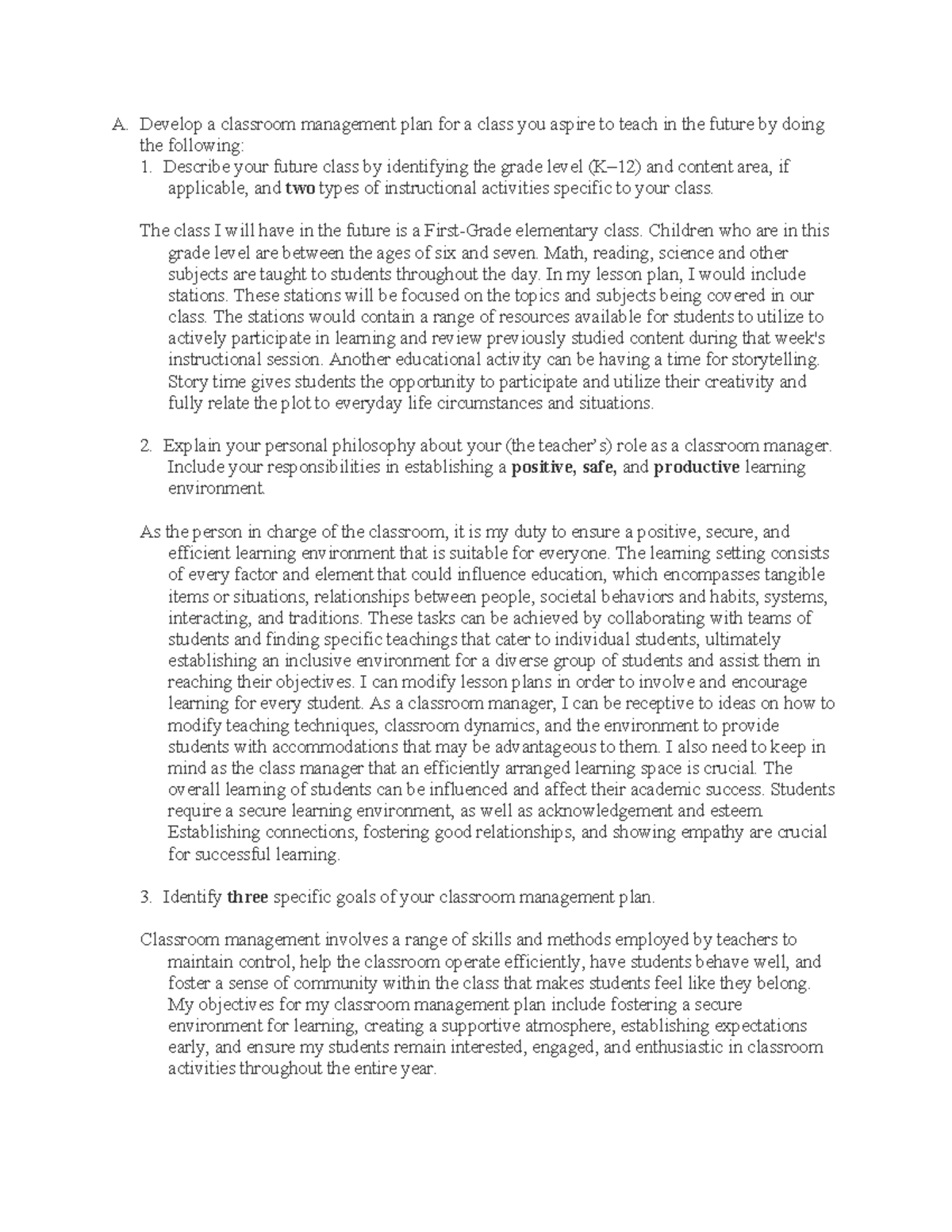 DKM3 Task 1 - Classroom Management Plan for First-Grade Teaching - Studocu