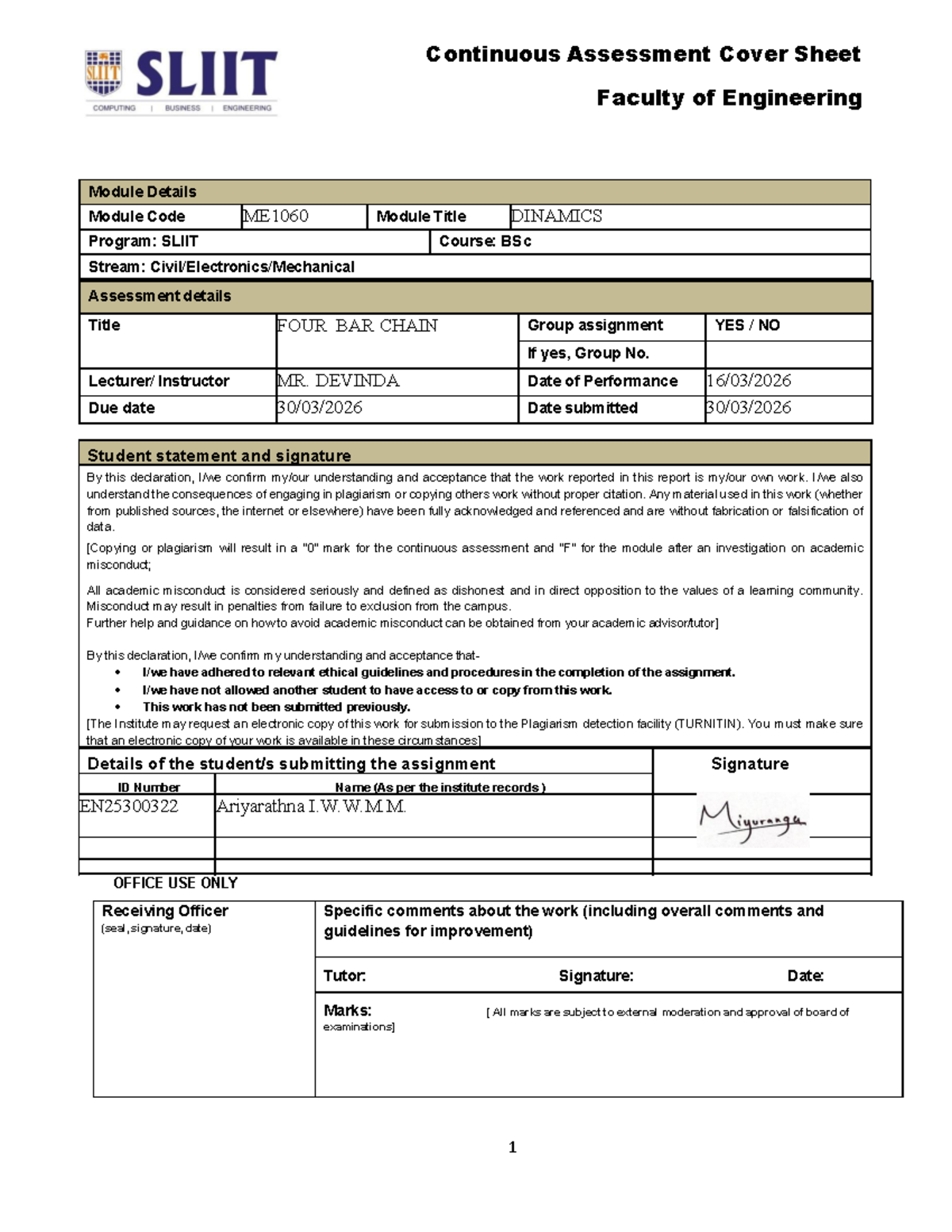 ME1060 Dynamics Group Assignment: Four Bar Chain Analysis - Studocu