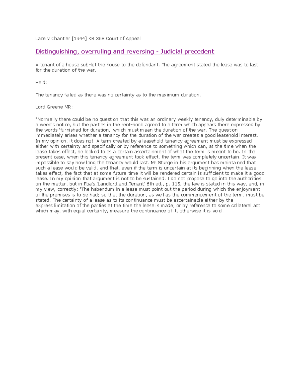 Lace v Chantler [1944] KB 368 - Case Law Analysis - Studocu