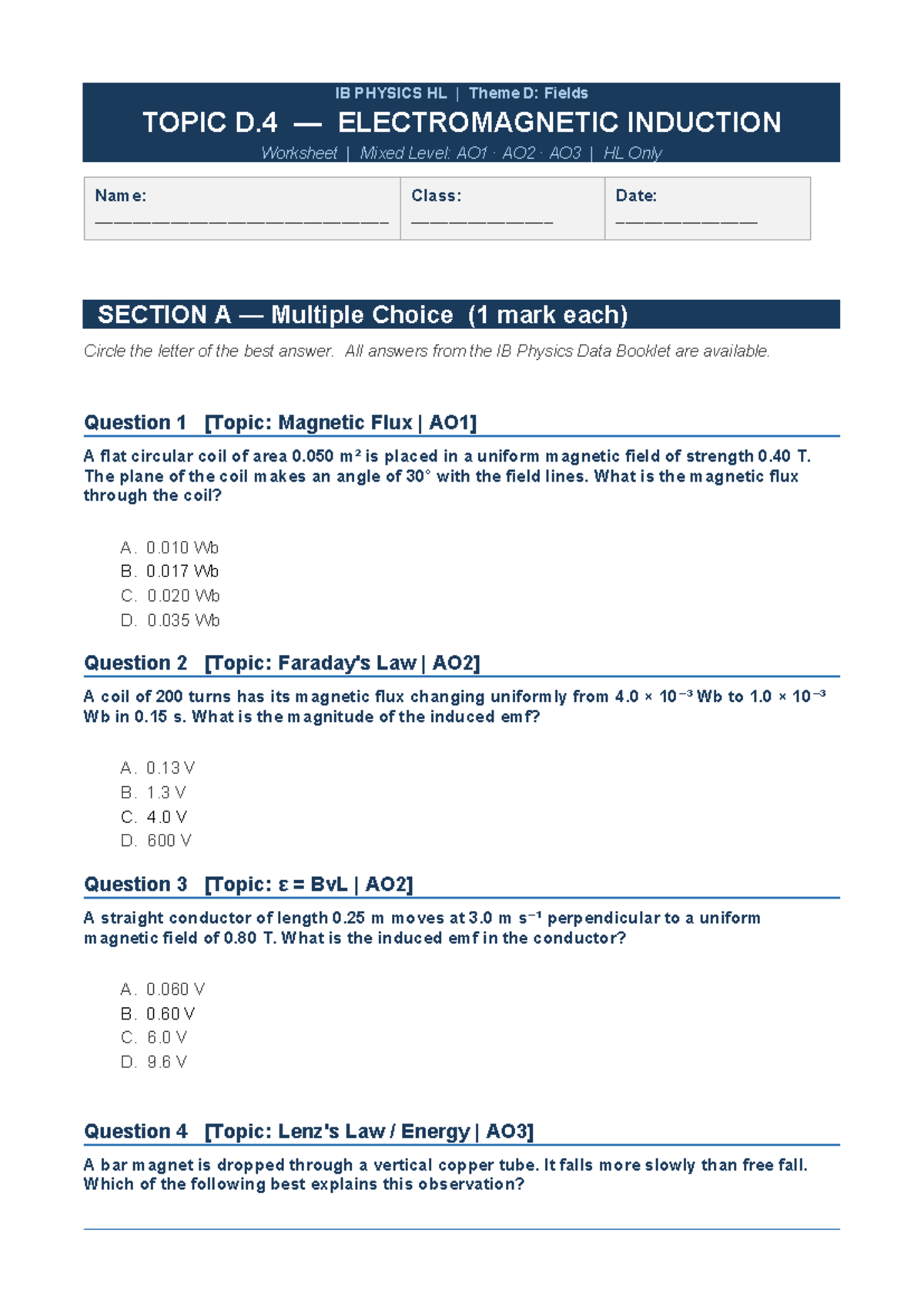 IB PHYSICS HL Theme D: Fields - Electromagnetic Induction Worksheet ...