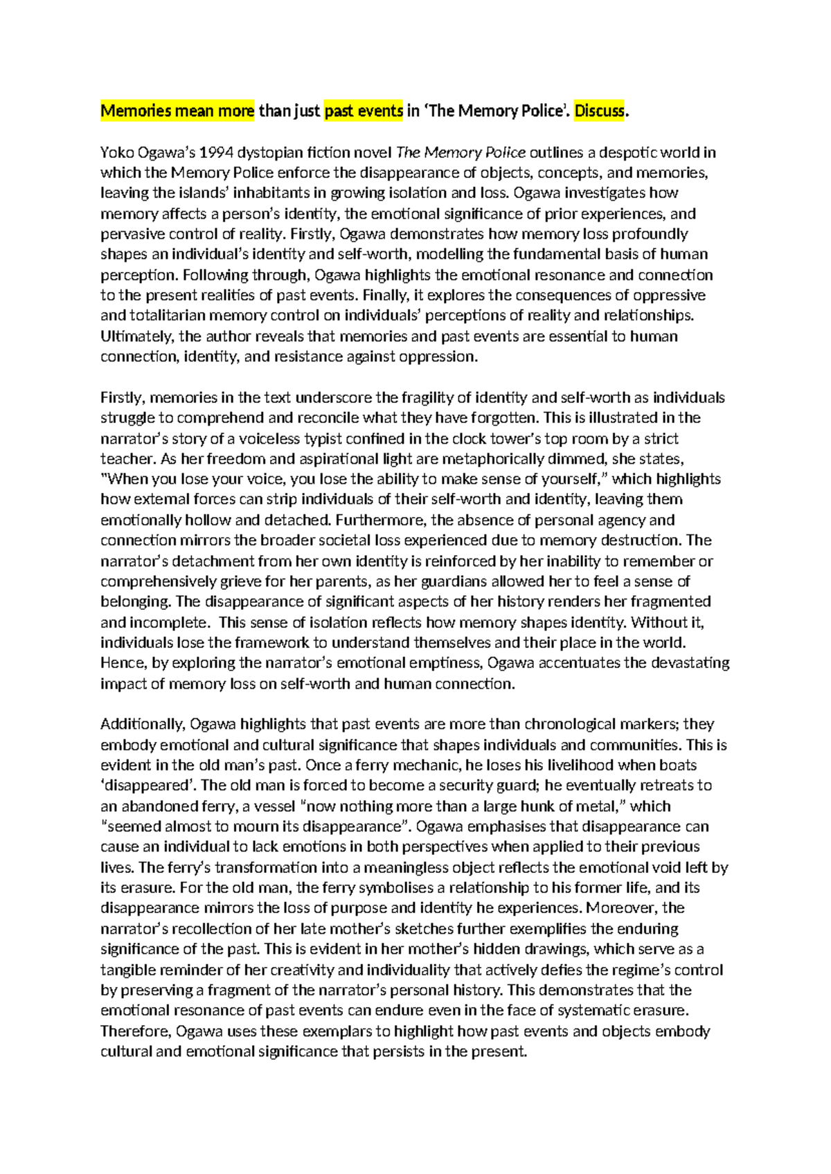 Practice Essay: Analyzing Memory and Identity in 'The Memory Police ...