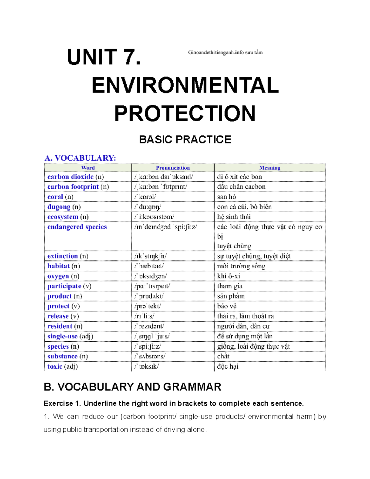 BT Unit 7 - Environmental Protection Vocabulary & Grammar Exercises ...