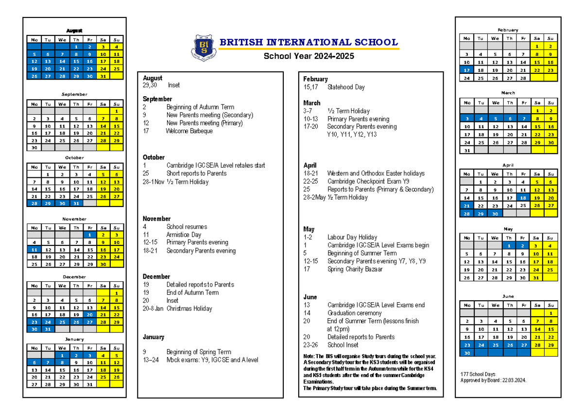 School Calendar 2024 - British International School (BIS) - Studocu