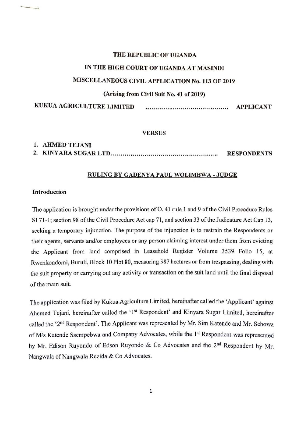 Kukua Agriculture Ltd v Tejani & Kinyara Sugar Ltd (Misc. App. No. 113/ ...
