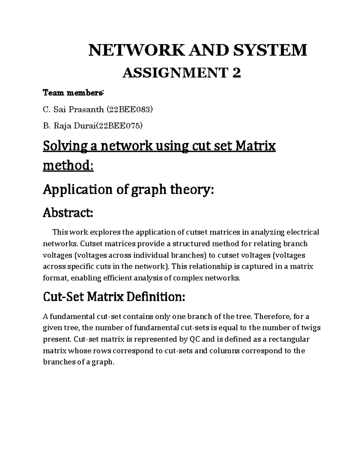 Cut Set Matrix Analysis for Electrical Networks - Assignment 2 - Studocu