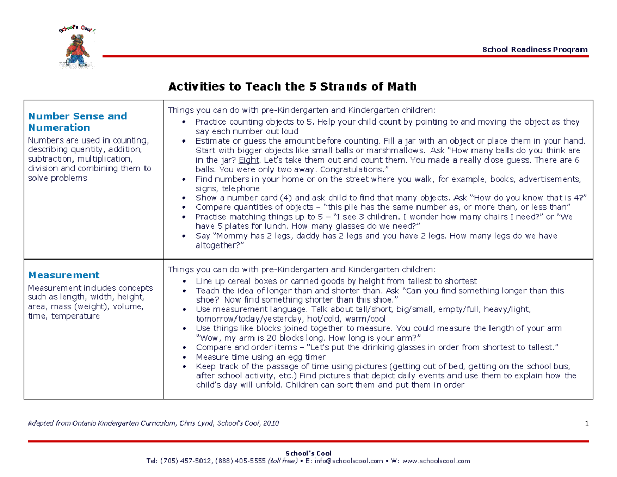 School Readiness Program: Activities for 5 Math Strands (Feb 2010 ...