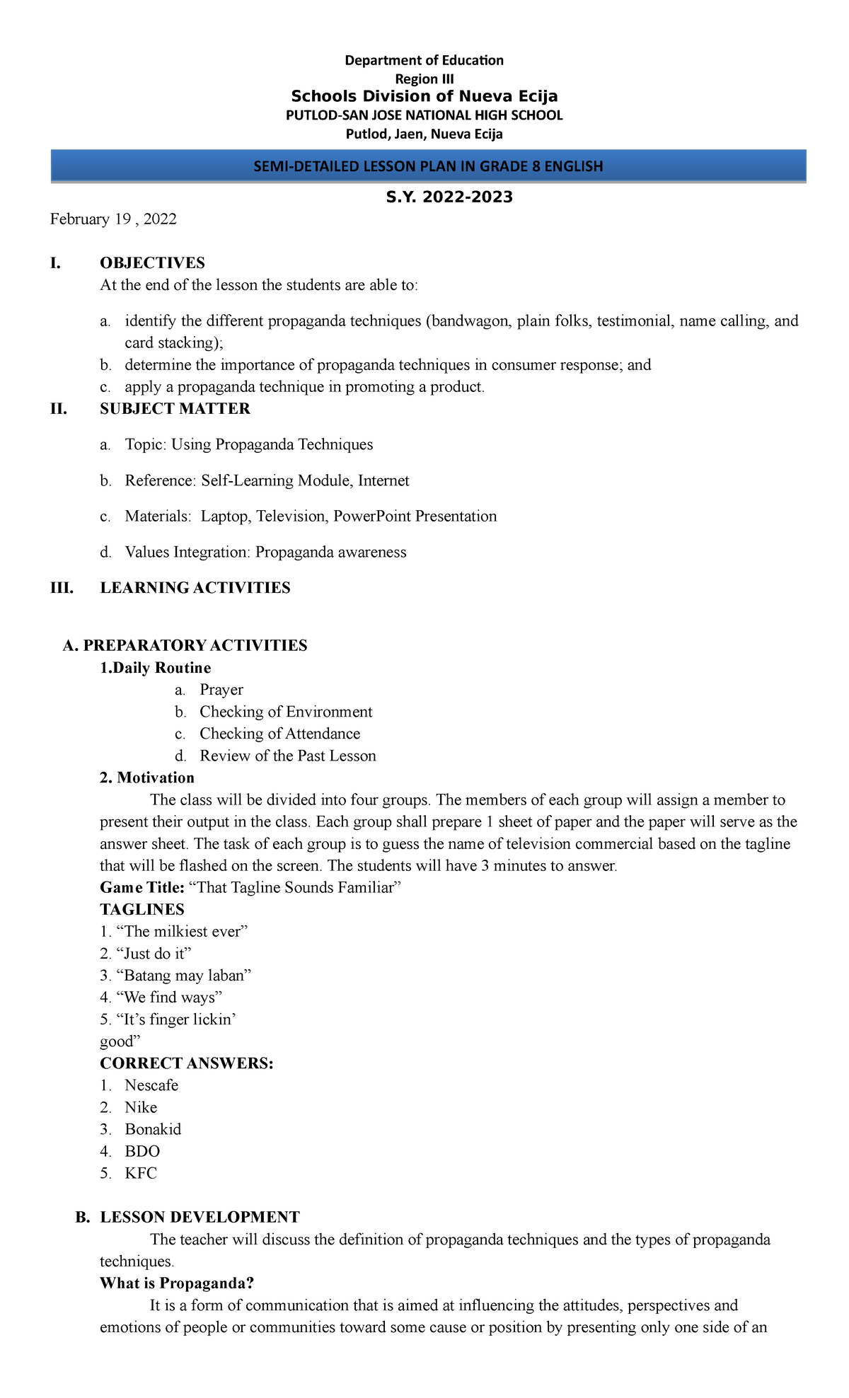 Grade 9 ENGLISH Semi-Detailed Lesson Plan: Using Propaganda Techniques ...