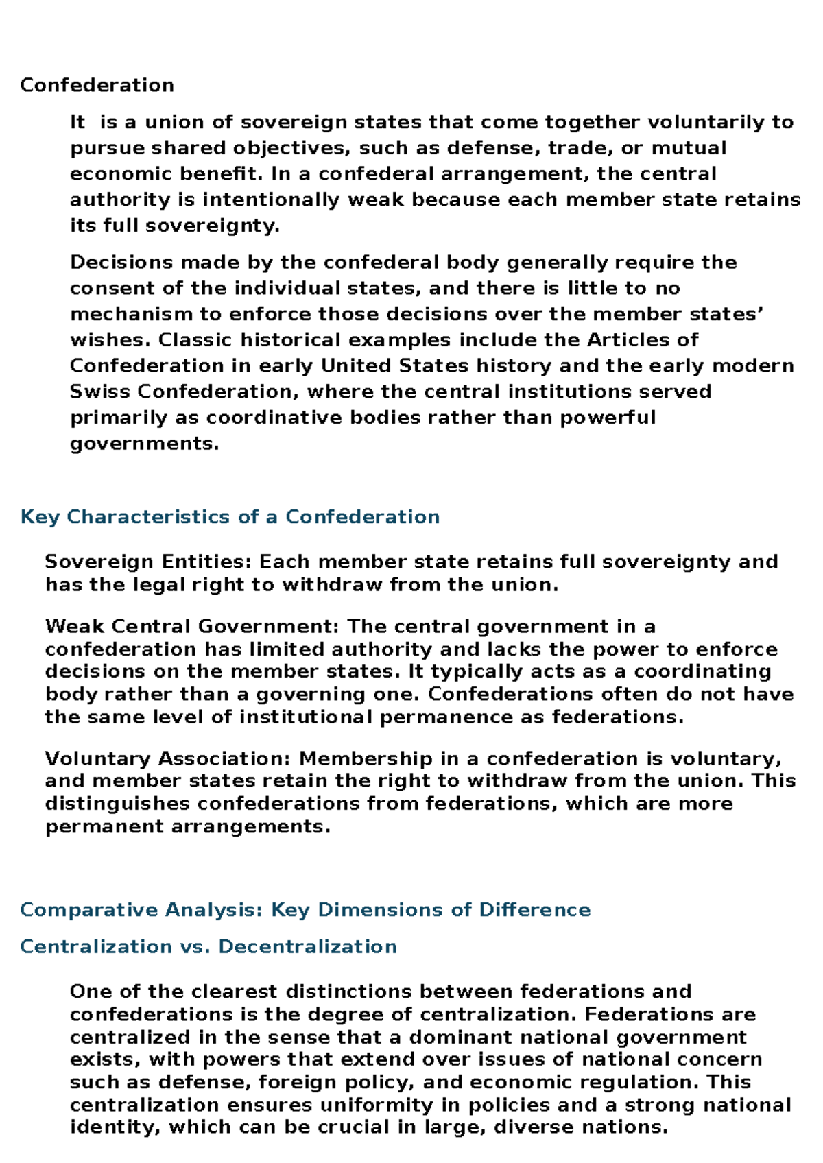 Confederation vs. Federation: Key Differences and Characteristics - Studocu