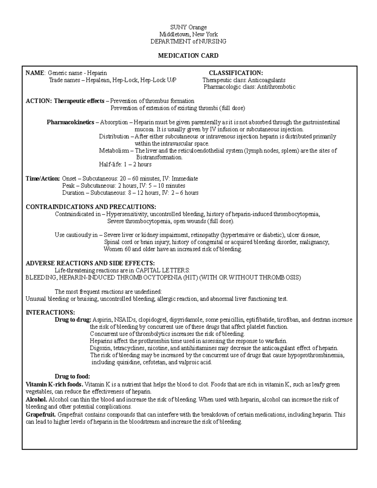 Medication - Heparin - Med card - SUNY Orange Middletown, New York ...