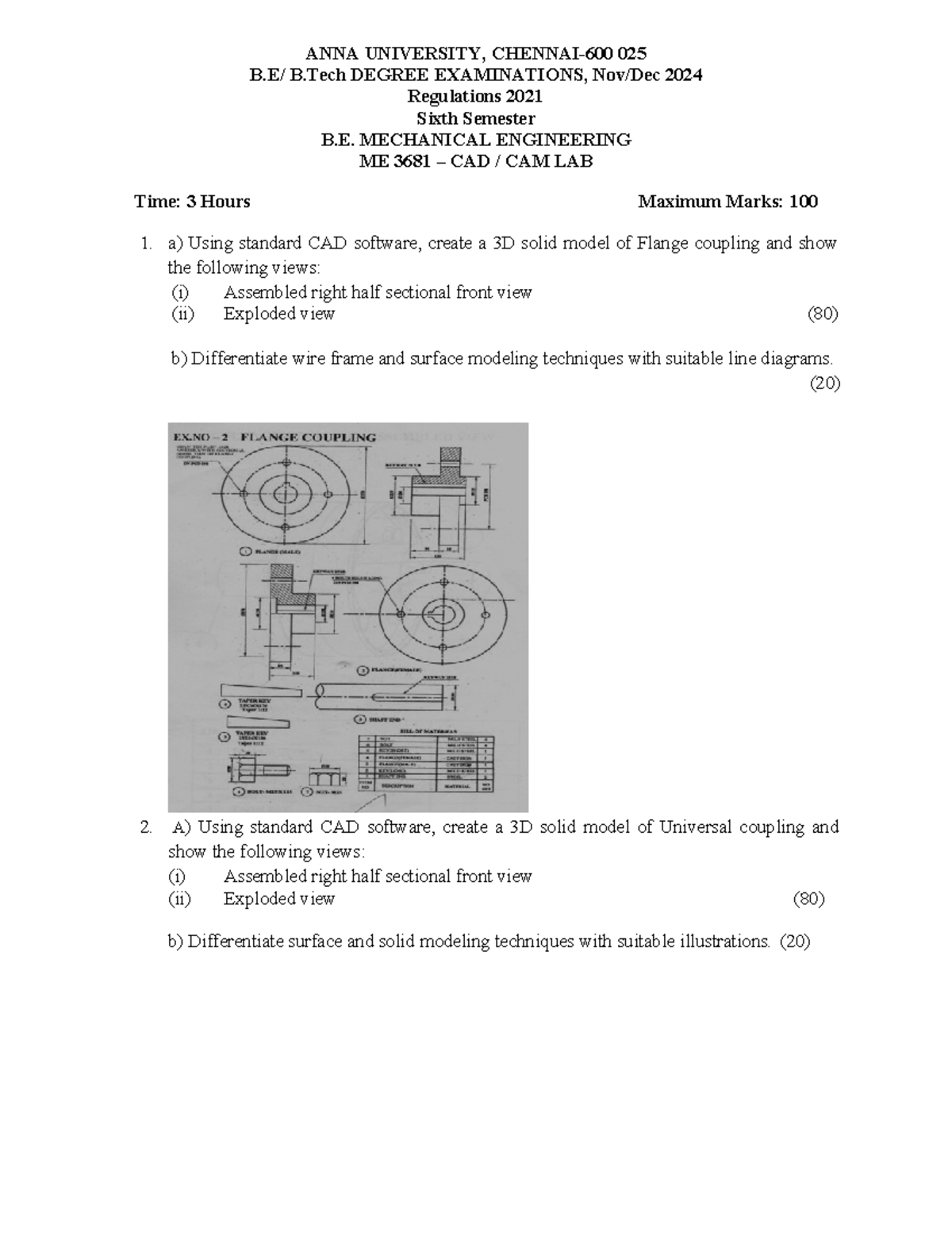 ME3681 CAD CAM LAB Question Set for B.E. Mechanical Engineering - Studocu