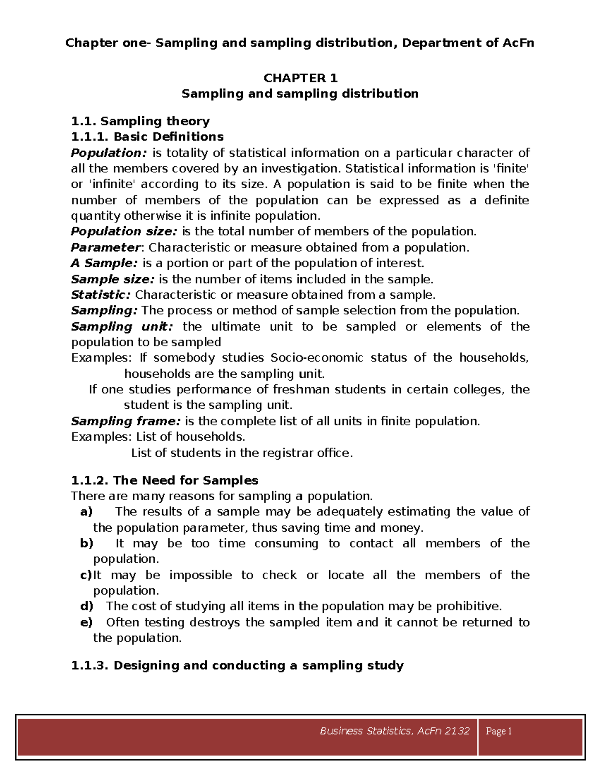 Buss. Stat CH-1 - Chapter 1: Introduction to Sampling Theory - Studocu