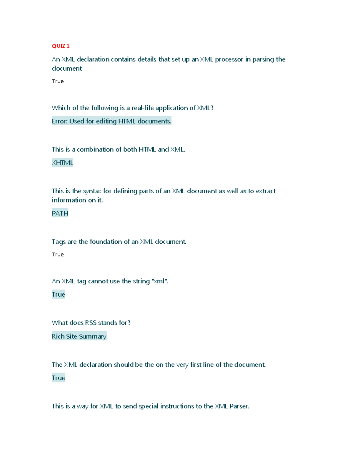 CS101: Quiz 1 on XML Fundamentals and Syntax Rules - Studocu