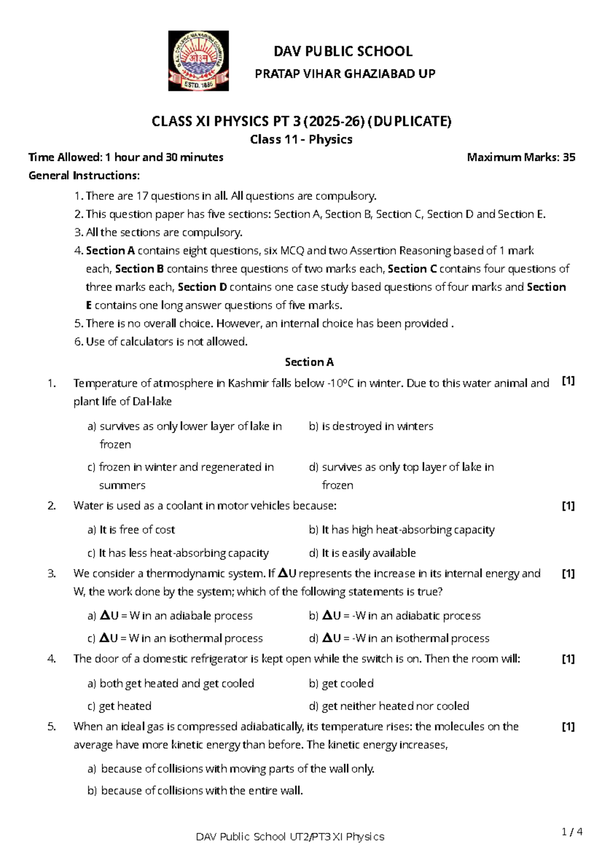 QP XI PHY PT 3 (2025) B - Class 11 Physics Practice Test - Studocu