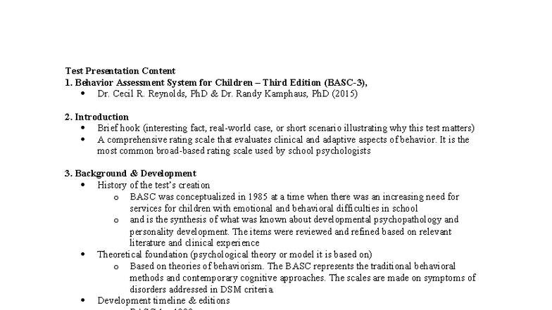 BASC 3 Overview: Behavior Assessment System for Children (2015) - Studocu