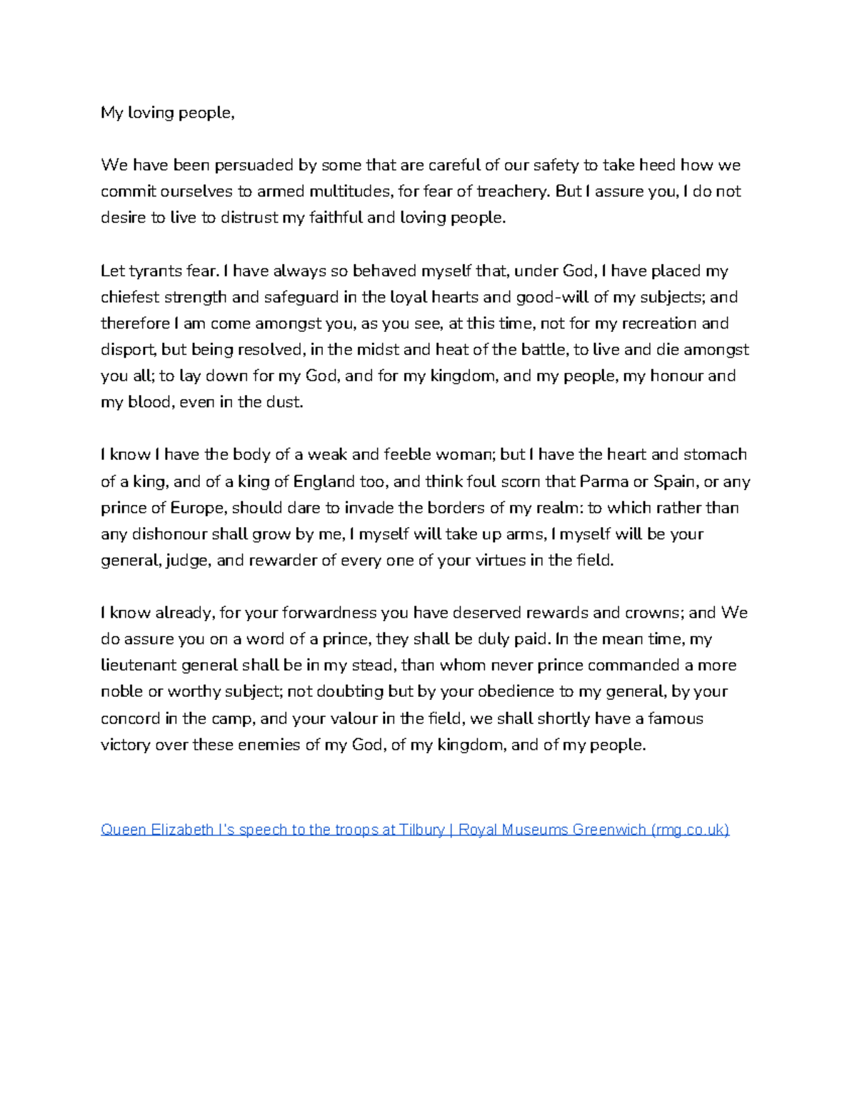 Queen Elizabeth I's Inspiring 1588 Speech to Troops at Tilbury - Studocu